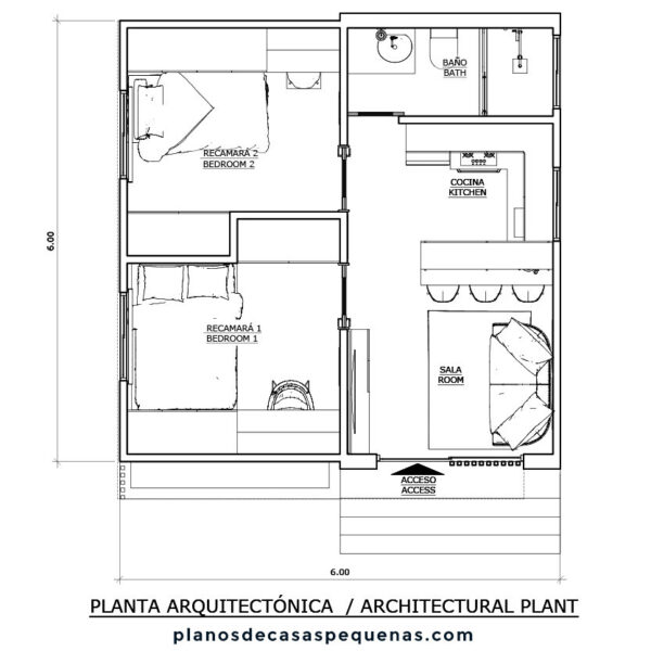 🔴 Diseño y plano de Casa pequeña y moderna de 6x6 metros.